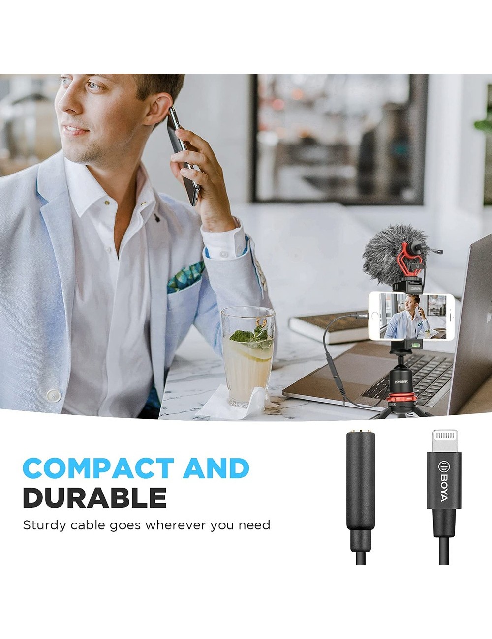 Boya BY-K8 Mini Cable Adaptador 3.5mm TRS Hembra a Lightning Macho